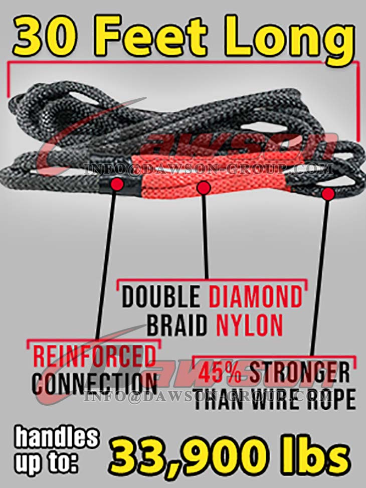 1'' x 30 ft Kinetic Energy Recovery & Tow Rope, Red & Black, 33900 LBS ...